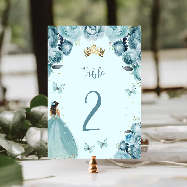 Turquoise Gold Floral Princess Quinceañera Table Number | Zazzle