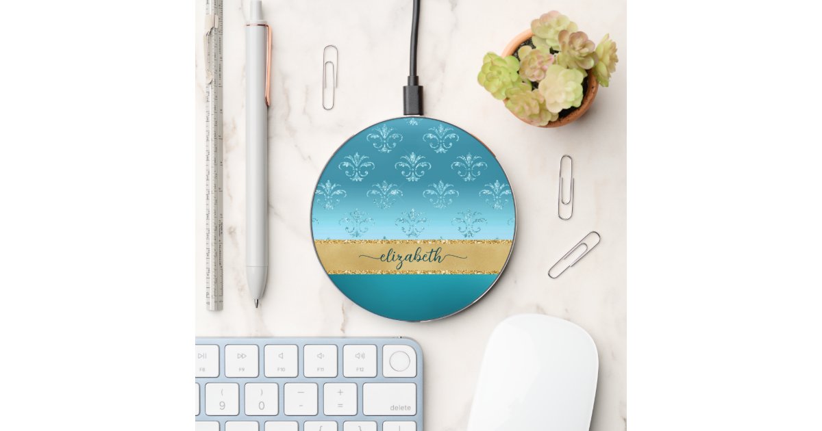 Turquoise Gold Glitter Elegant Glam Personalized W Wireless Charger ...