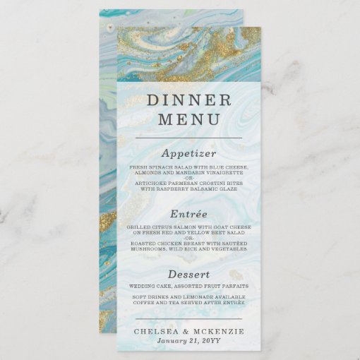 Turquoise & Gold Marble Swirl Agate Geode Dinner Menu | Zazzle