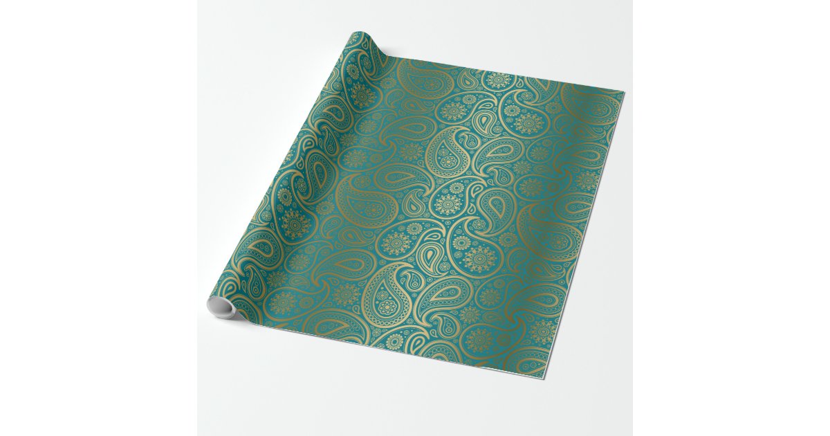Turquoise & Gold Paisley Pattern Wrapping Paper | Zazzle