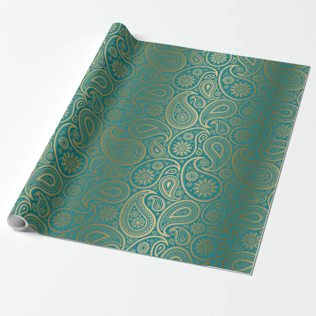 Turquoise & Gold Paisley Pattern Wrapping Paper | Zazzle