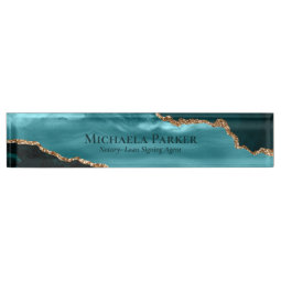 Turquoise Gold Teal Blue Agate Geode Elegant Desk Name Plate | Zazzle