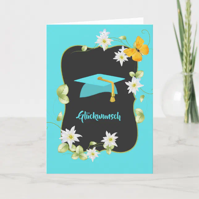 Turquoise Grad Hat and Edelweiss German Graduation Card | Zazzle