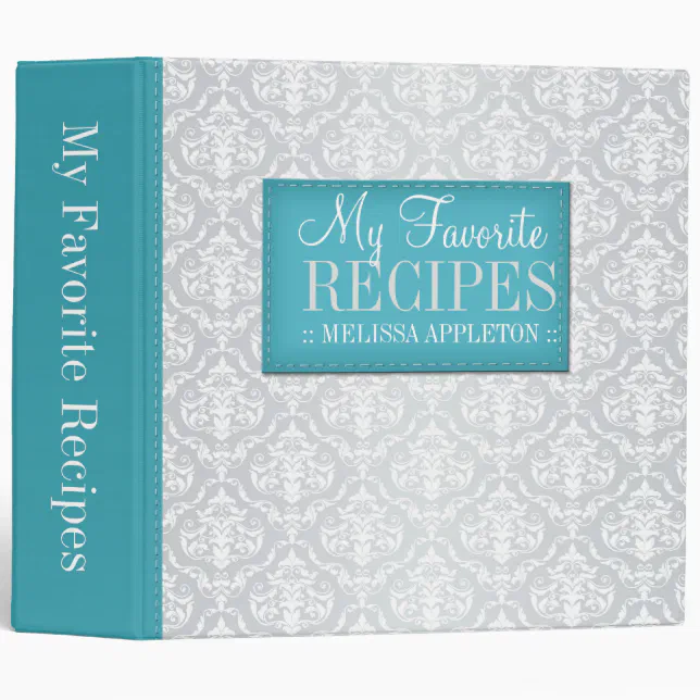 Turquoise & Gray Damask 2" Recipe Binder | Zazzle