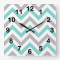 Turquoise, Gray, Wht Large Chevron ZigZag Pattern Square Wall Clock ...