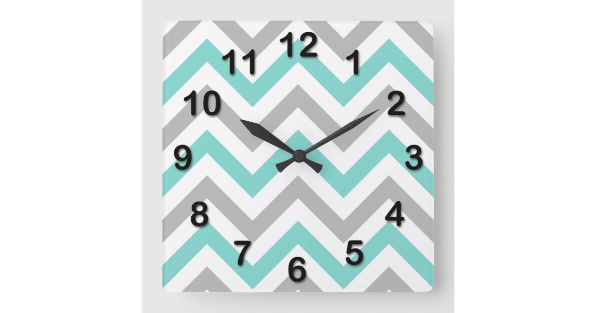Turquoise, Gray, Wht Large Chevron ZigZag Pattern Square Wall Clock ...