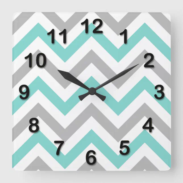 Turquoise, Gray, Wht Large Chevron ZigZag Pattern Square Wall Clock ...