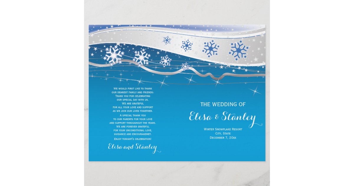 Turquoise, grey snowflakes folded wedding program | Zazzle