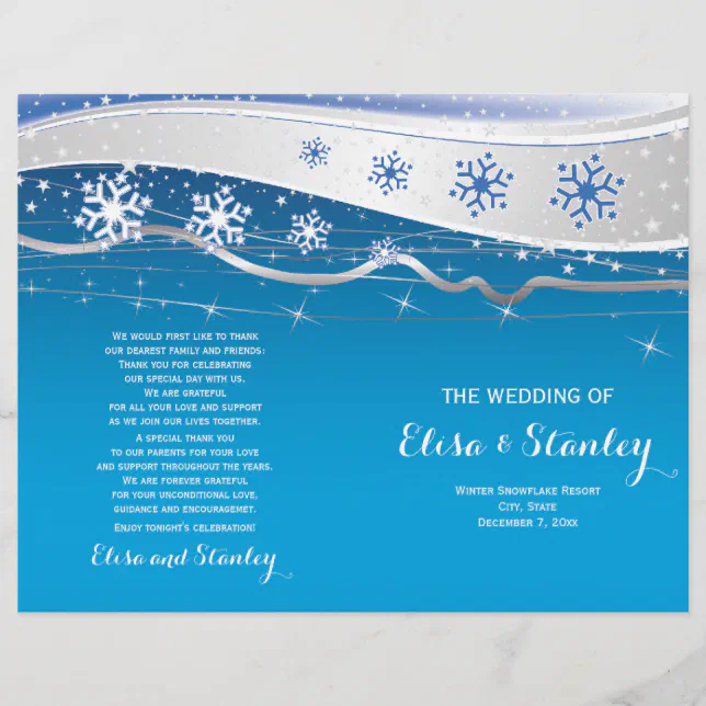 Turquoise, grey snowflakes folded wedding program | Zazzle