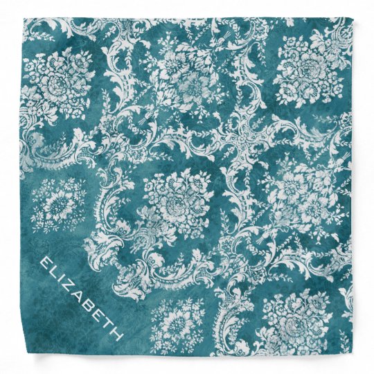 Turquoise Grungy Damask Pattern Custom Text Bandana | Zazzle.com