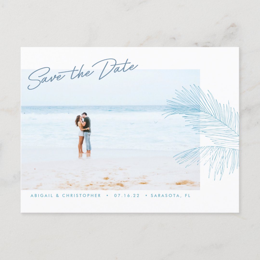 Turquoise Hand Drawn Palm Leaves Tropical Beach Announcement Postcard ...