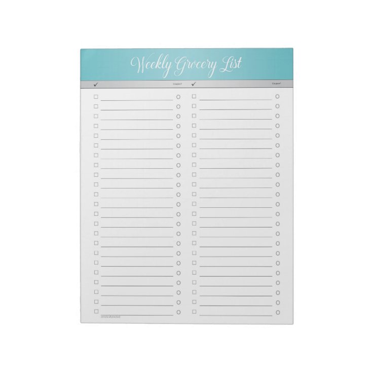 Turquoise Header Weekly Grocery List - Checklist Notepad | Zazzle
