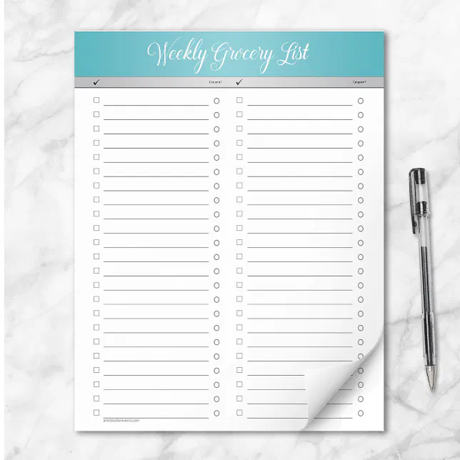 Turquoise Header Weekly Grocery List - Checklist Notepad | Zazzle