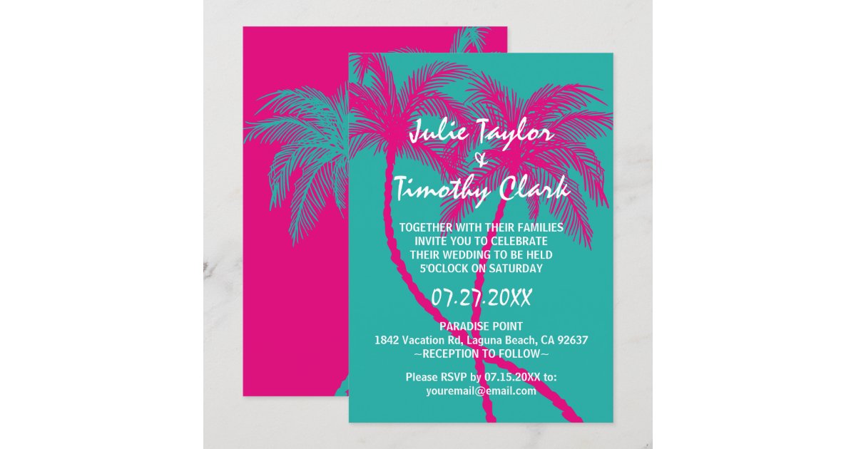 Turquoise Hot Pink Palm Tree Wedding Invitations | Zazzle