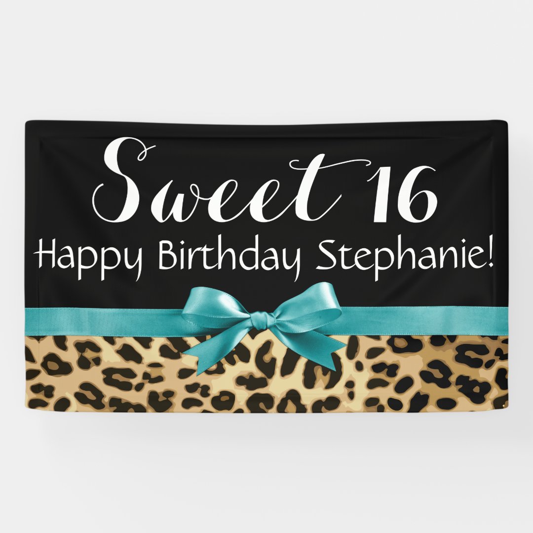 Turquoise Leopard Print Sweet 16 Birthday Party Banner | Zazzle
