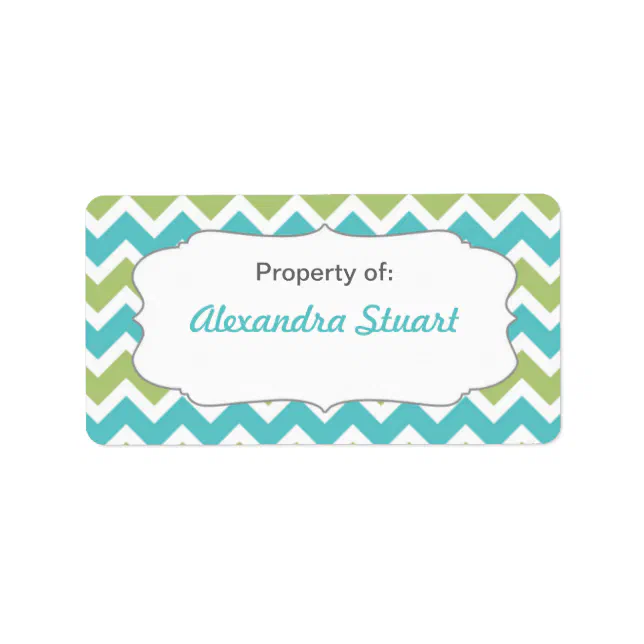 Turquoise & Lime Chevron Property of School ID Label | Zazzle