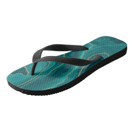 Turquoise liquid marble background with gold flip flops | Zazzle