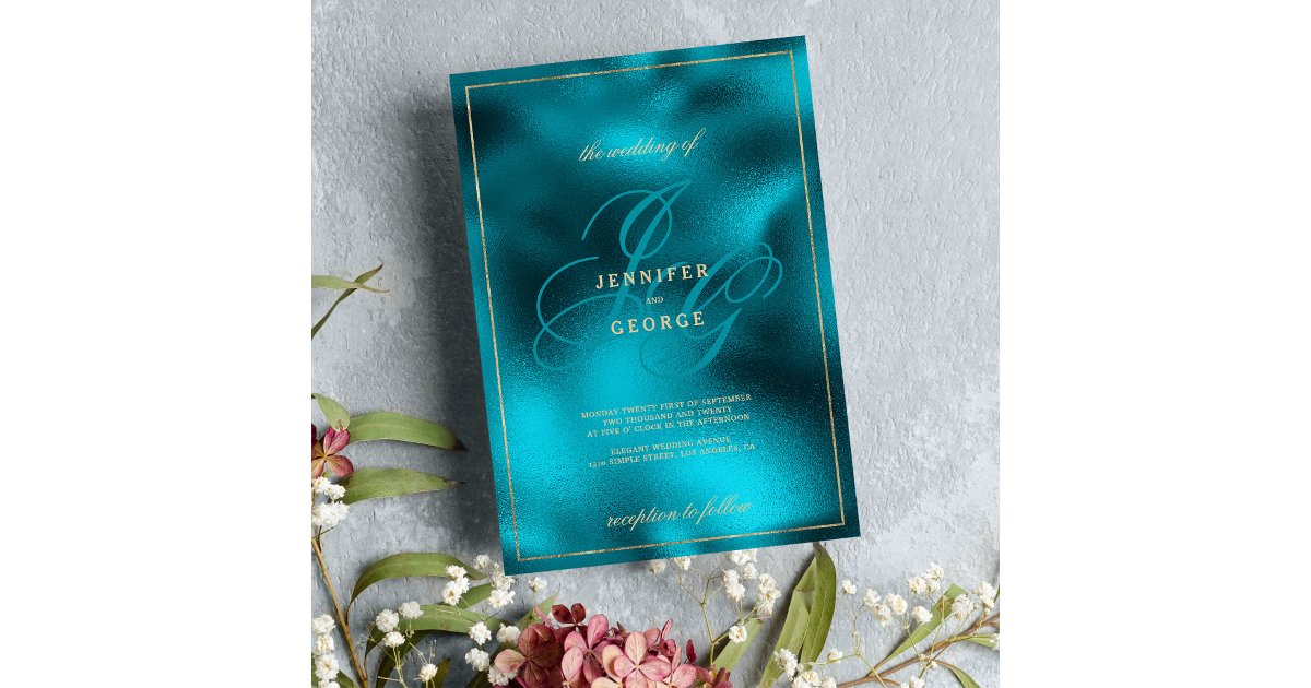 Turquoise metallic monogram initials wedding invitation | Zazzle