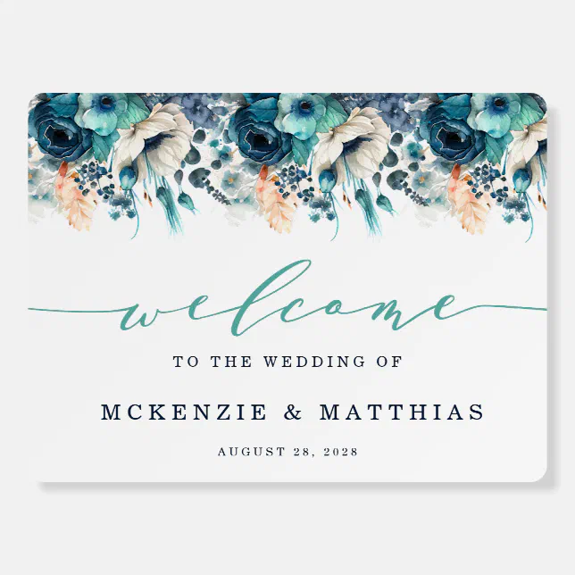 Turquoise Navy Blue Floral Wedding Welcome Sign | Zazzle