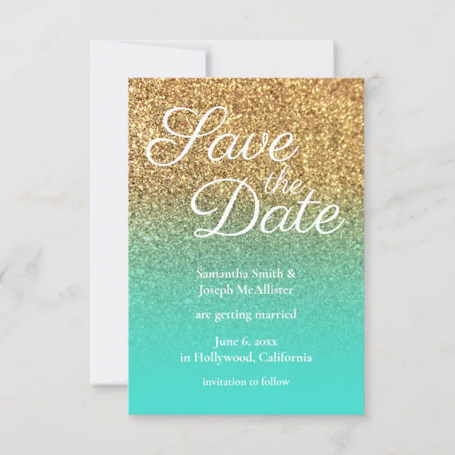 Turquoise Ombre Gold Glitter Photo Save the Date Invitation | Zazzle