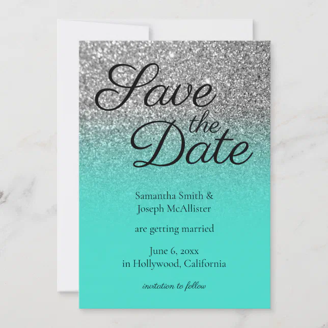 Turquoise Ombre Silver Glitter Save the Date Invitation | Zazzle