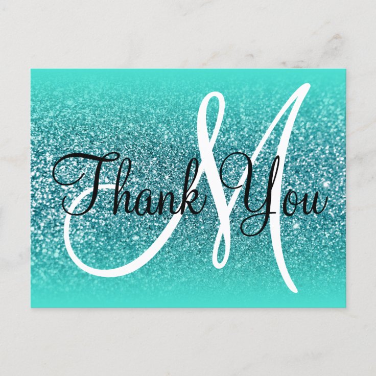 Turquoise Ombre Teal Glitter Monogram Thank You Postcard | Zazzle