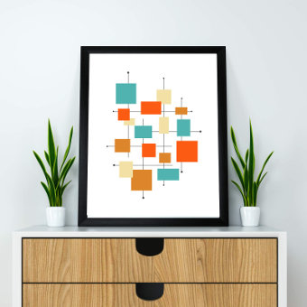 Turquoise Orange Squares Mid Century Modern Poster | Zazzle