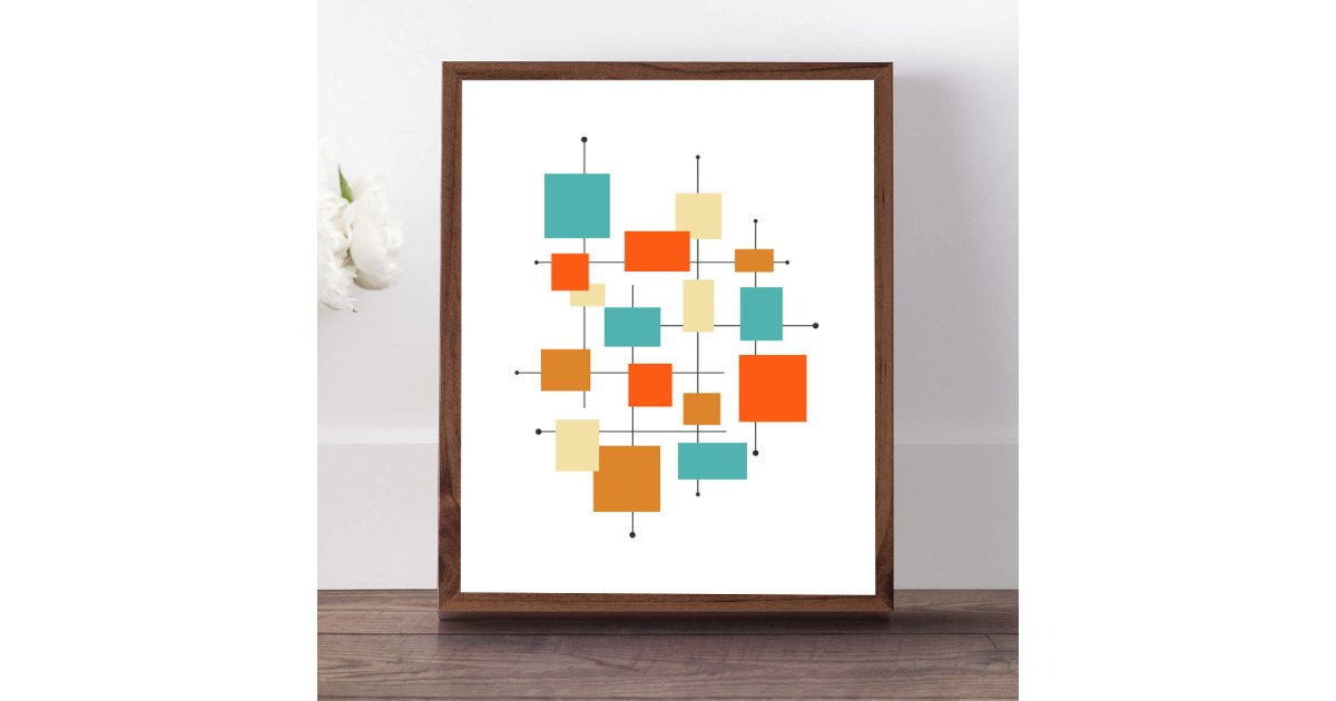 Turquoise Orange Squares Mid Century Modern Poster | Zazzle