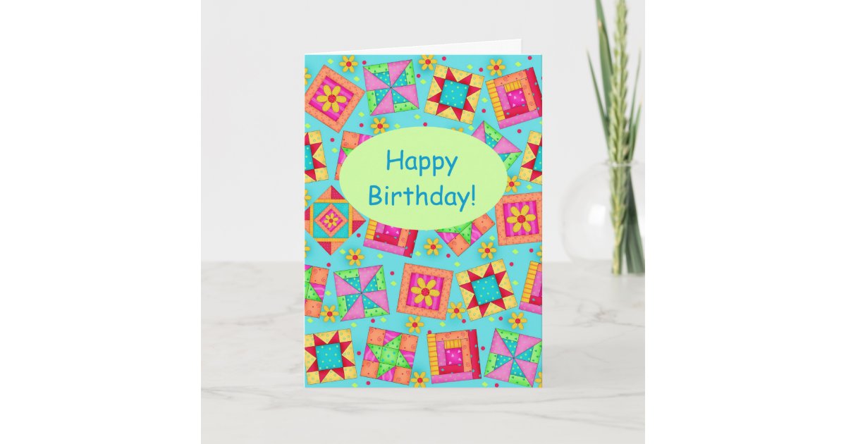 Turquoise Patchwork Quilt Block Art Happy Birthday Card | Zazzle