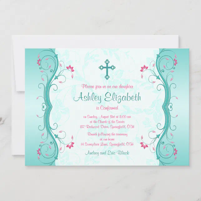 Turquoise Pink Floral Confirmation Invitation | Zazzle