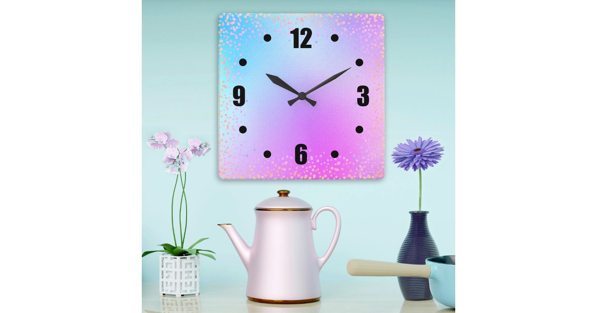 Turquoise pink ombre watercolor confetti dots chic square wall clock ...