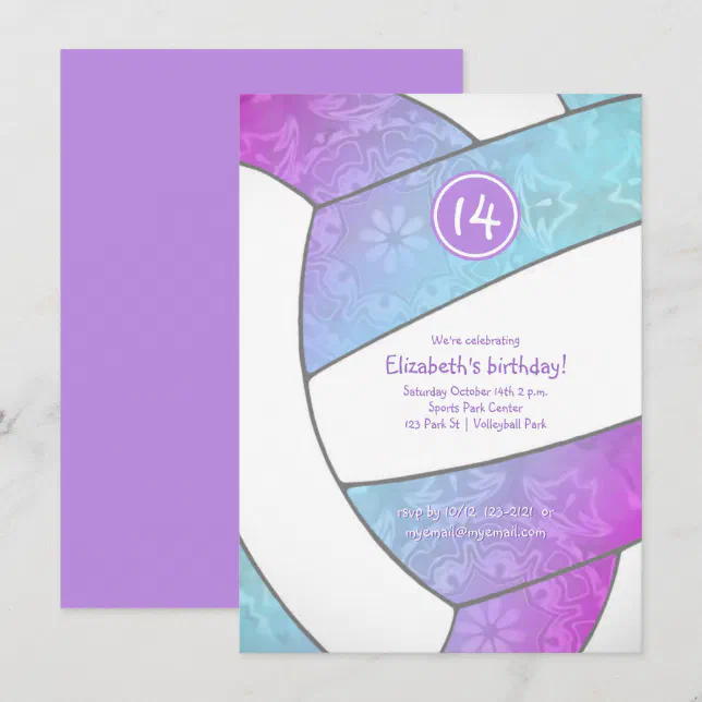 turquoise pink purple volleyball girly birthday invitation | Zazzle