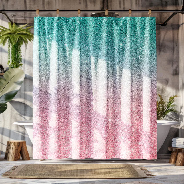 Turquoise & Pink Sparkling Faux Glitter Ombre Shower Curtain | Zazzle