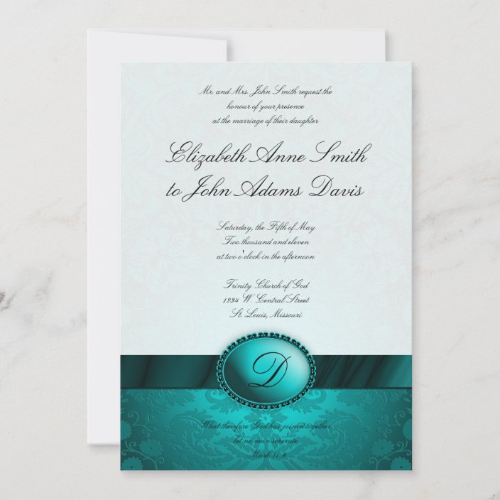 Turquoise Ribbon Damask Wedding Invitation | Zazzle.com