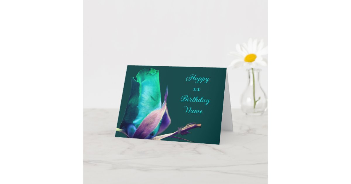 Turquoise Rosebud Flower Personalized Birthday Card | Zazzle