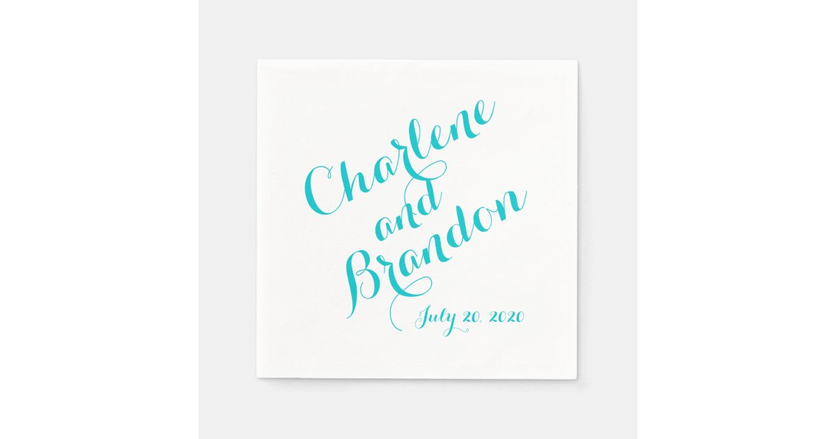Turquoise Script Wedding Paper Napkins | Zazzle
