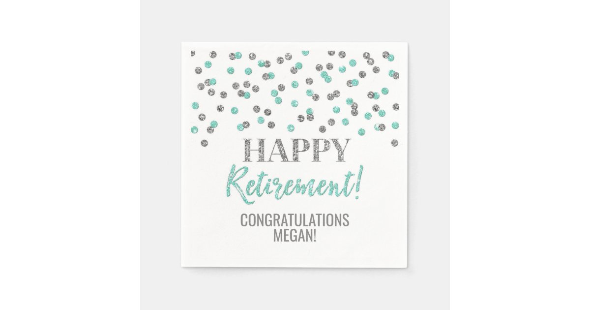 Turquoise Silver Confetti Happy Retirement Napkins | Zazzle