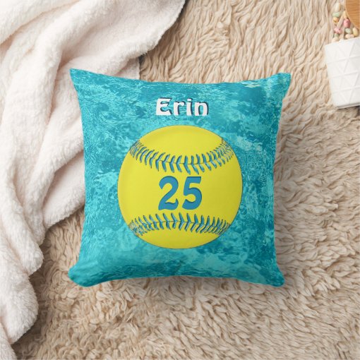 Turquoise Softball Pillow with her NAME and NUMBER | Zazzle
