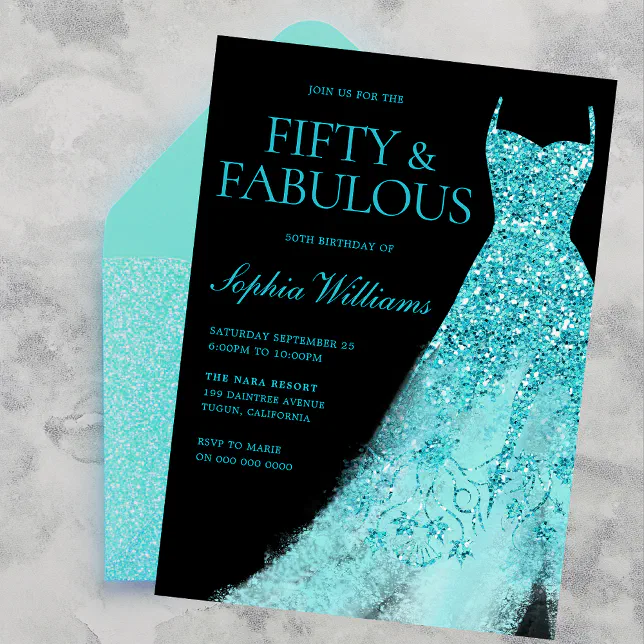 Turquoise Sparkle Dress Black 50th Birthday Party Invitation | Zazzle