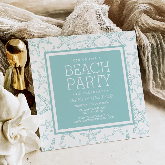 Turquoise Starfish Beach Party Invitation | Zazzle
