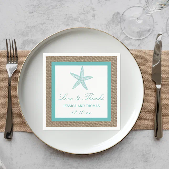 Turquoise Starfish Burlap Beach Wedding Collection Paper Napkins | Zazzle