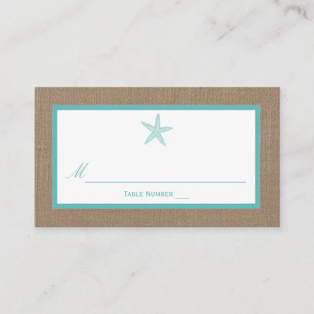Turquoise Starfish Burlap Beach Wedding Collection Place Card | Zazzle
