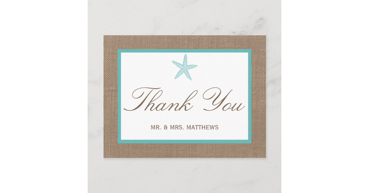 Turquoise Starfish Burlap Beach Wedding Collection Postcard | Zazzle