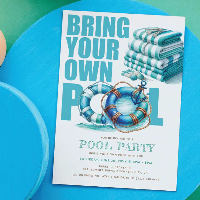 Turquoise Summer Party BYO Pool Watercolor Invitation | Zazzle