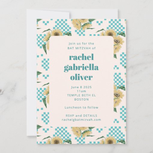 Turquoise Sunflower Checkerboard Bat Mitzvah Invitation | Zazzle