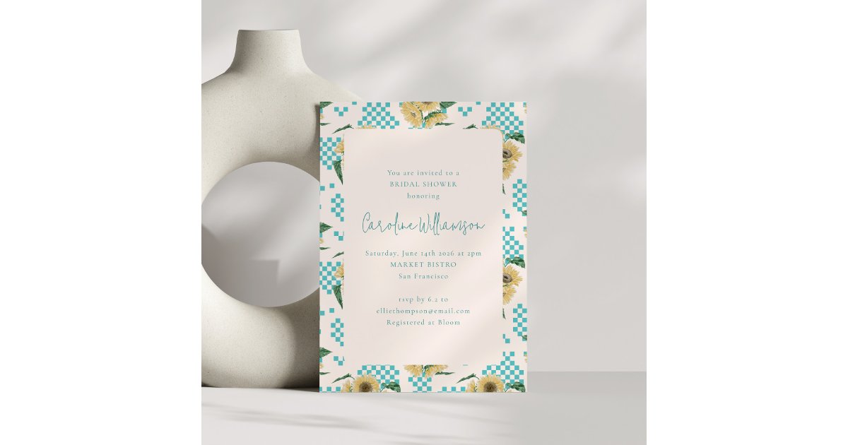 Turquoise Sunflower Checkerboard Bridal Shower Invitation | Zazzle