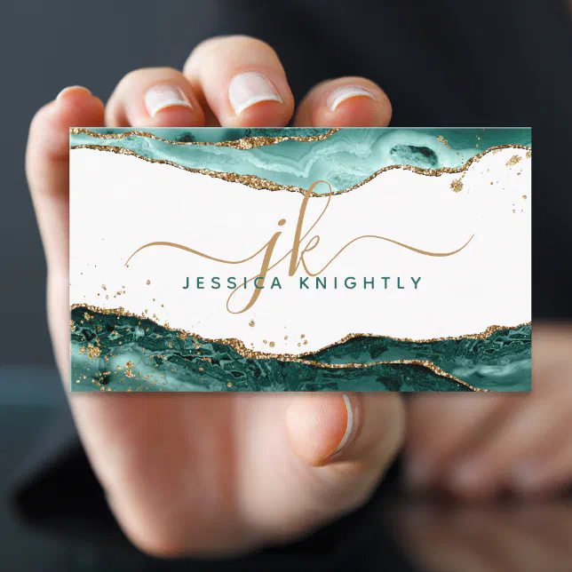 Turquoise Teal Agate Gold Glitter Monogram Script Business Card | Zazzle