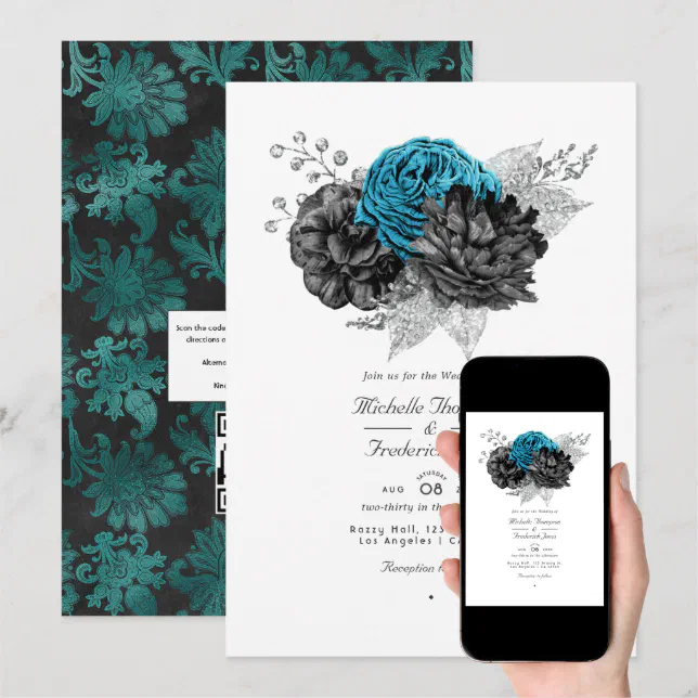 Turquoise - Teal Black and Silver Floral Wedding Invitation | Zazzle