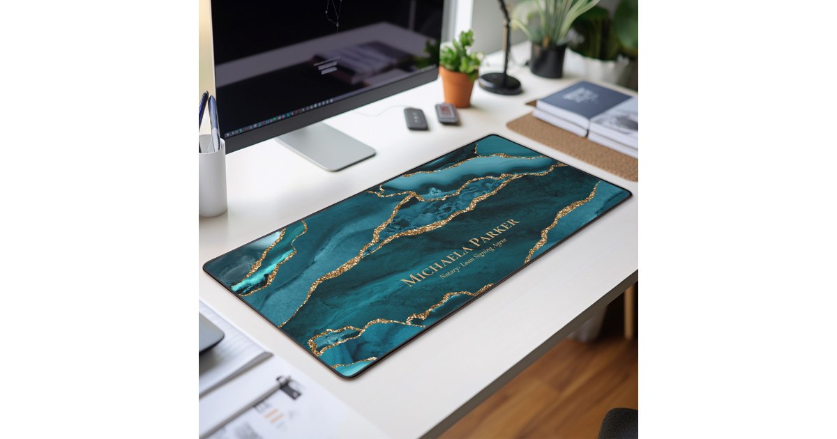 Turquoise Teal Blue Gold Agate Geode Business Desk Mat | Zazzle
