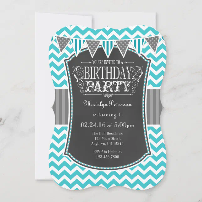 Turquoise Teal Chalkboard Chevron Birthday Invite | Zazzle